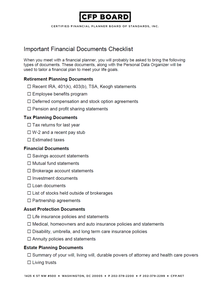 Checklist of Important Financial Documents